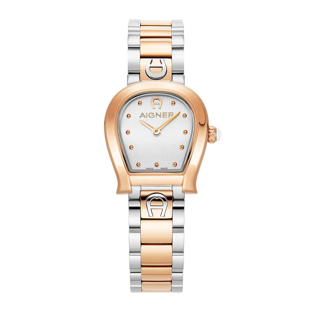Aigner Ancona Ladies White Dial Stainless Steel Silver Rose Gold Watch ...