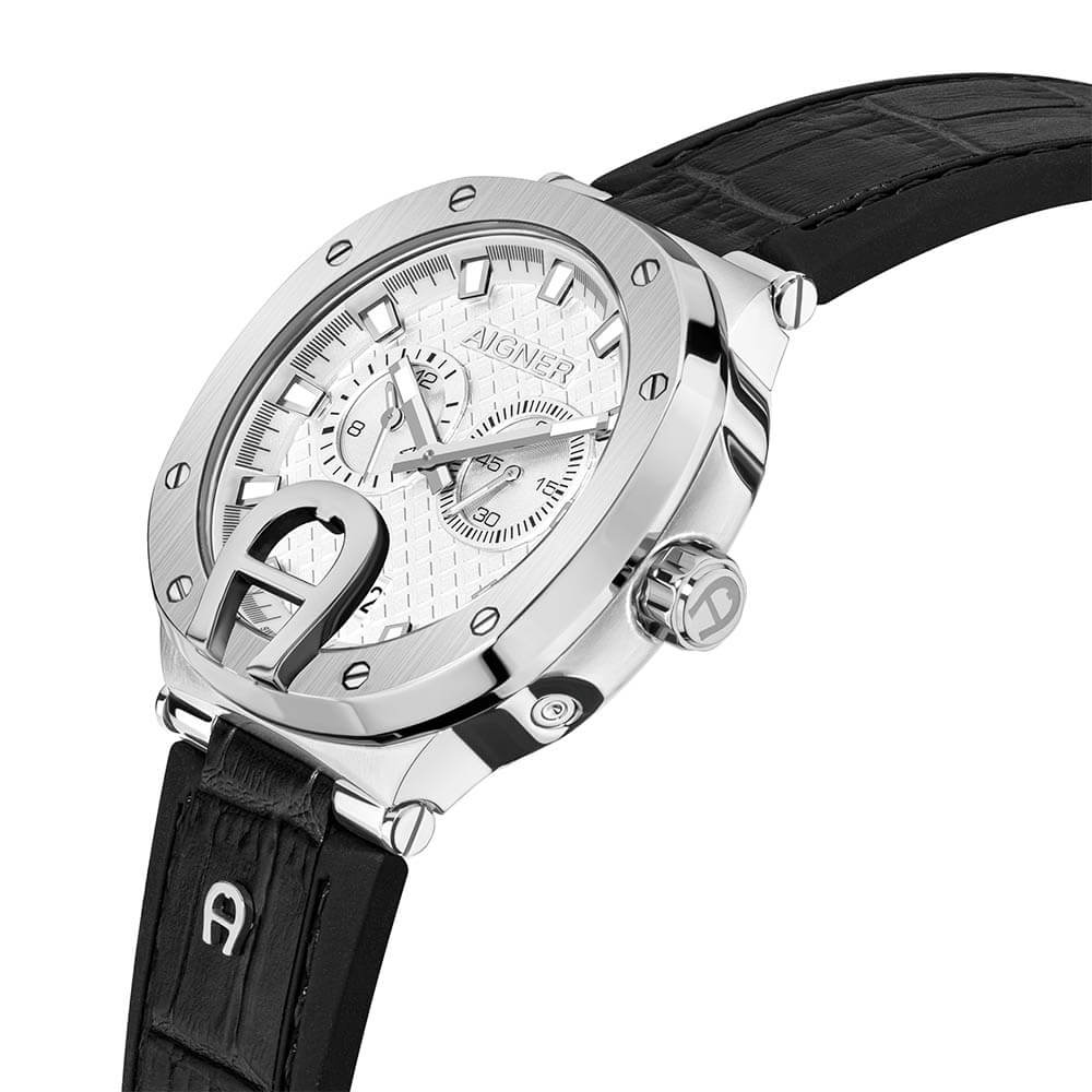 Aigner Taviano Men's Silver Dial & Case With Black Leather Strap Watch ...