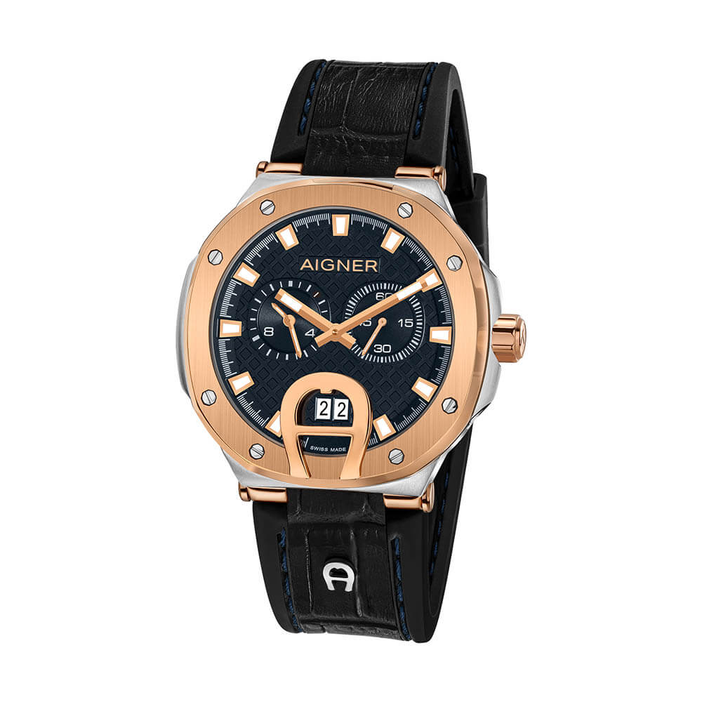 Aigner Taviano Men's Blue Dial Rose Gold Case Black Leather Strap Watc ...