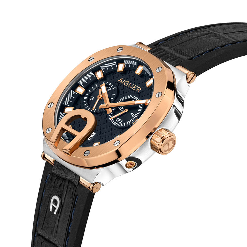 Aigner Taviano Men's Blue Dial Rose Gold Case Black Leather Strap Watc ...