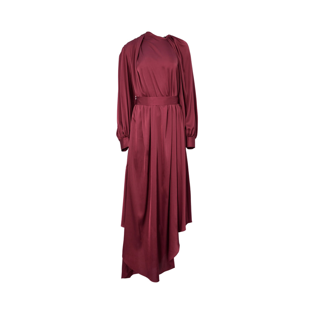 Baqa Women's Asymmetric Draped Satin Burgundy Maxi Dress | Blue Salon ...