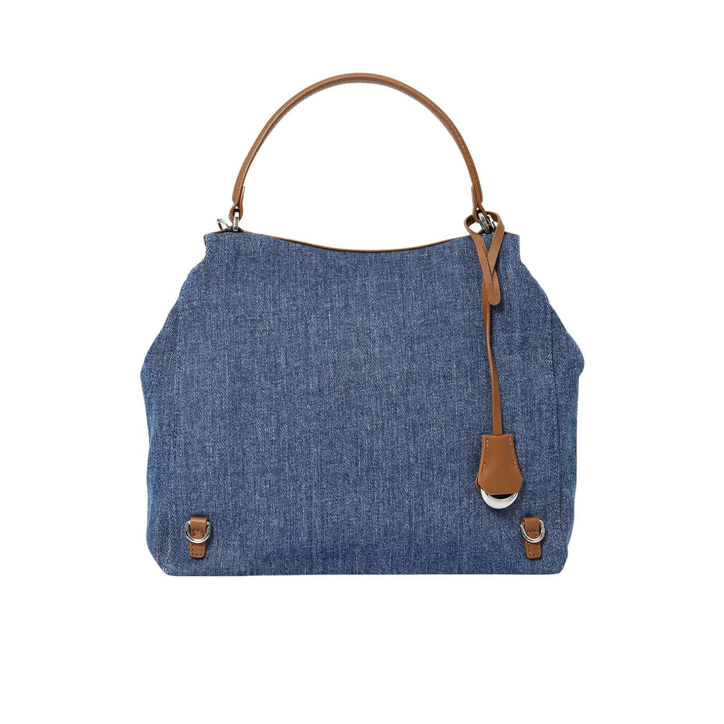 Karisma Denim Shoulder Bag with Brown Leather Flap | Blue Salon | Qatar