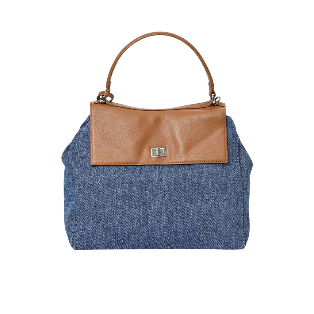 Karisma Denim Shoulder Bag with Brown Leather Flap | Blue Salon | Qatar
