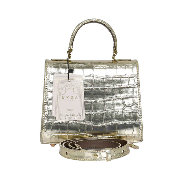 Kyra Women's Luna Metallic Gold Croc-Embossed Top Handle Bag | Blue ...