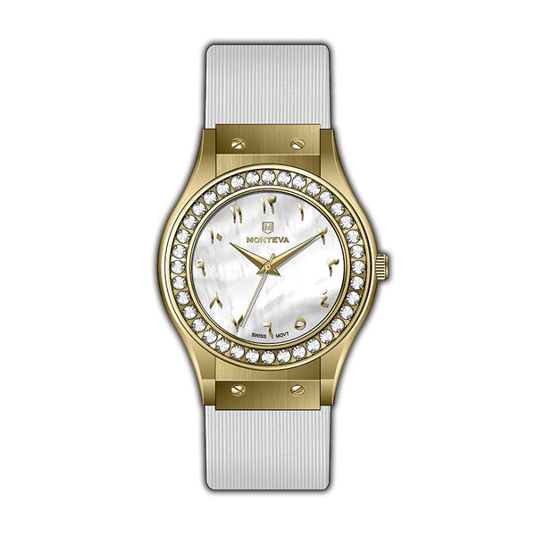 Monteva Ladies Watch - Gold, White Strap, Stones Bezel, Arabic Dial ...