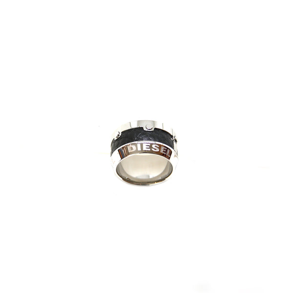 Diesel Men's Ring Stainless Steel With Black Leather In The Middle Siz ...