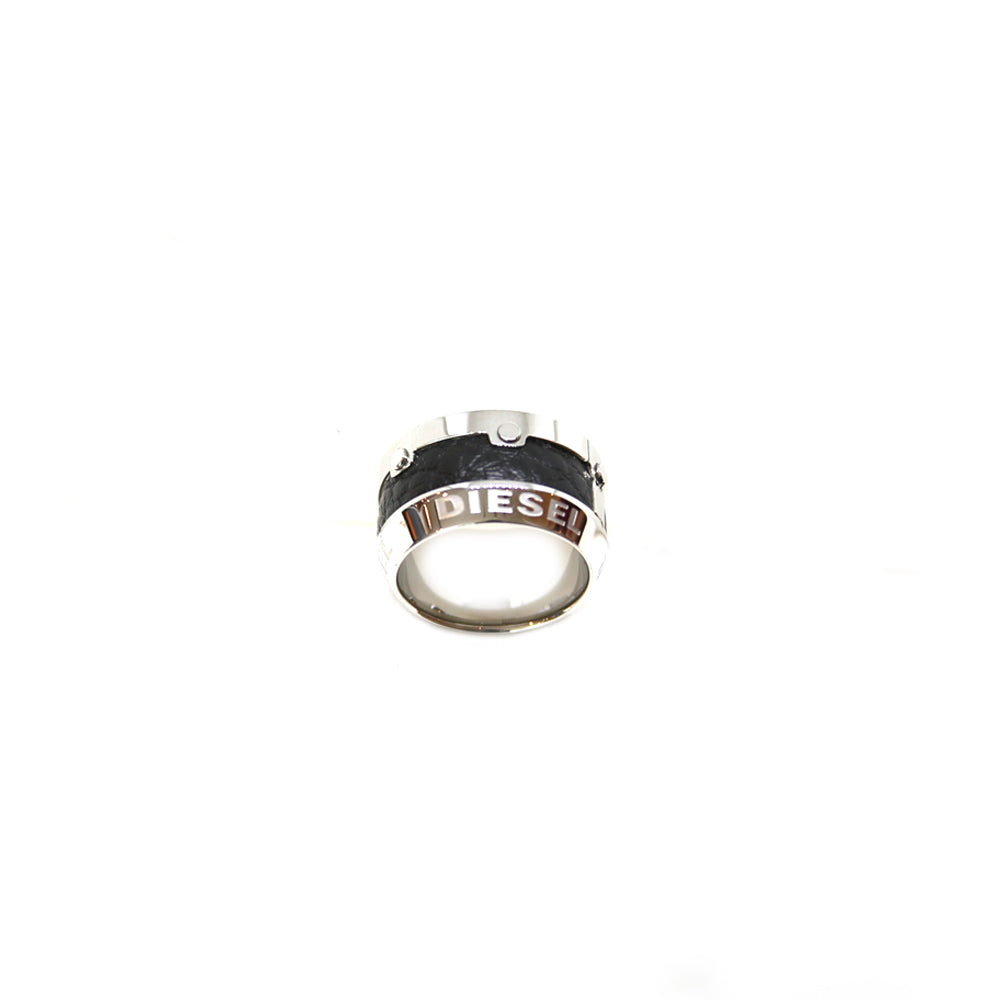 Diesel Men's Ring Stainless Steel With Black Leather In The Middle Siz ...
