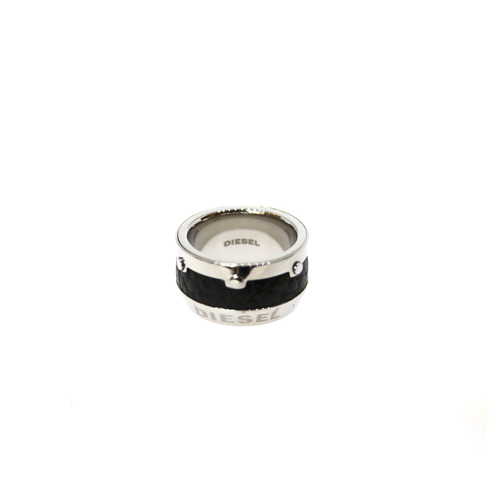Diesel Men's Ring Stainless Steel With Black Leather In The Middle Siz ...