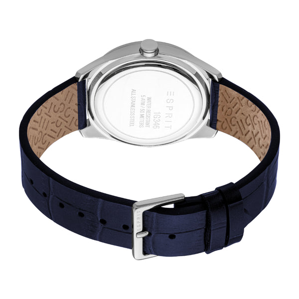 ESPRIT Men's Silver Color Watch with Dark Blue Dial and Leather Strap ...