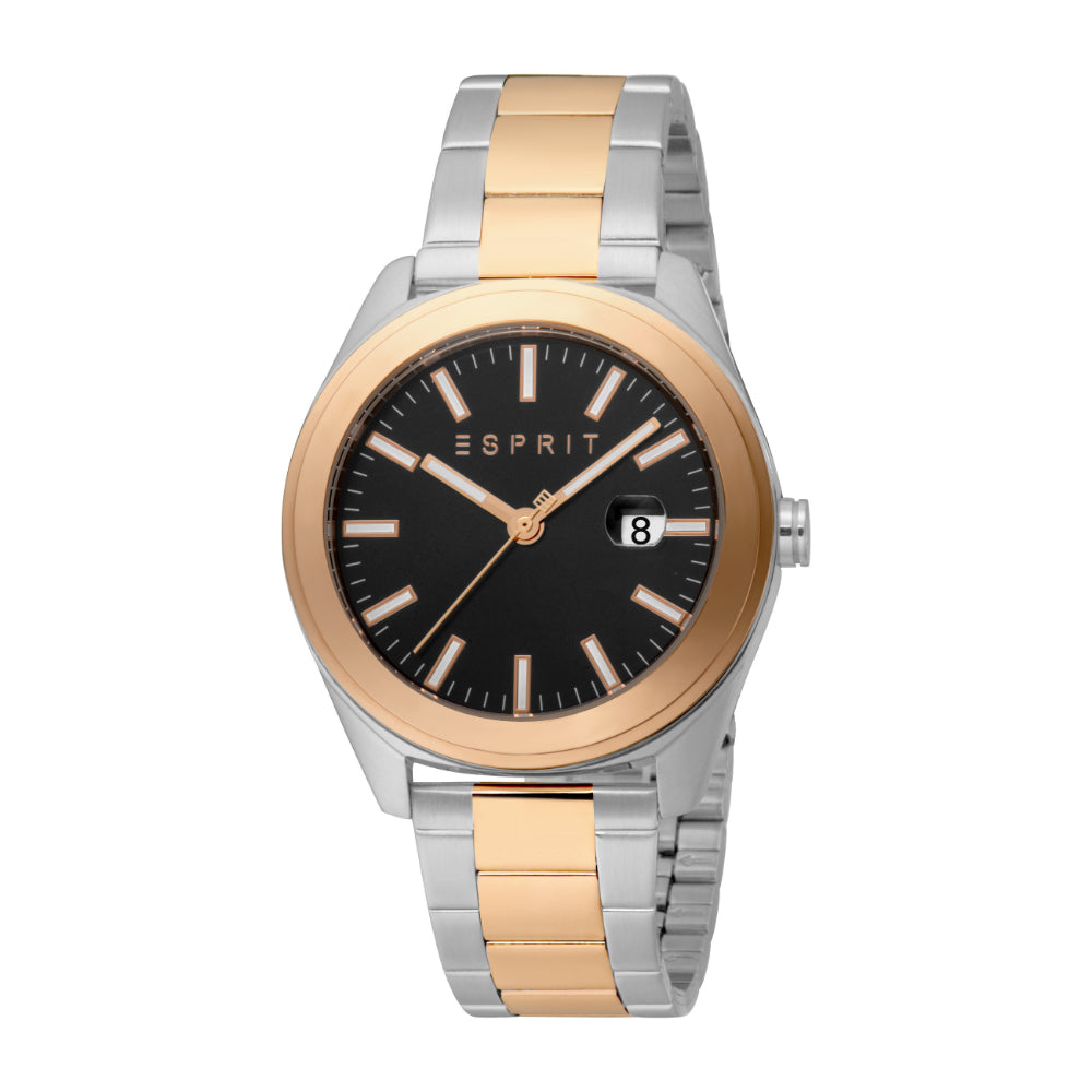ESPRIT Men's Two Tone Silver and Rose Gold Color Watch with Black Dial ...