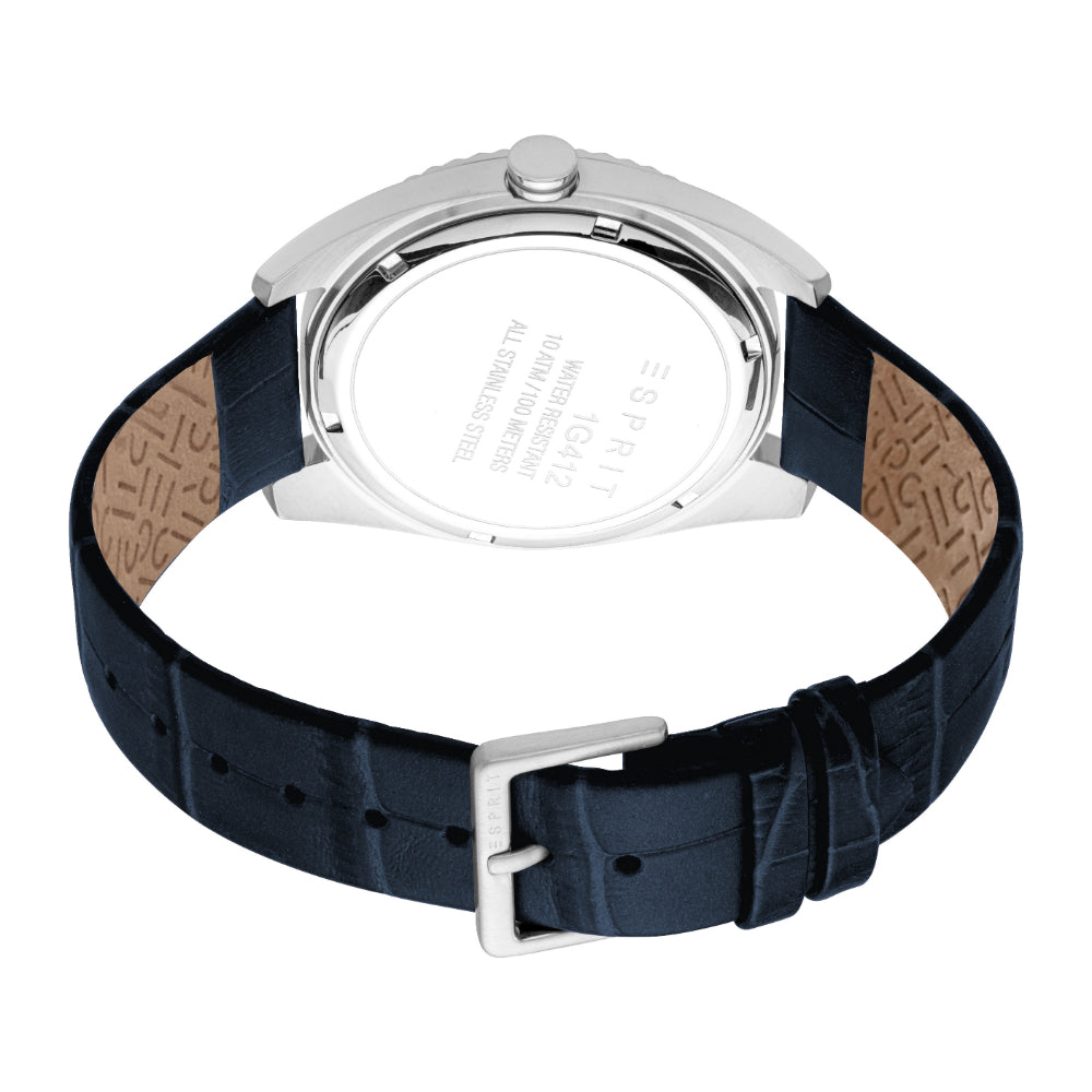 ESPRIT Men's Silver Color Watch with Dark Blue Dial and Leather Strap ...