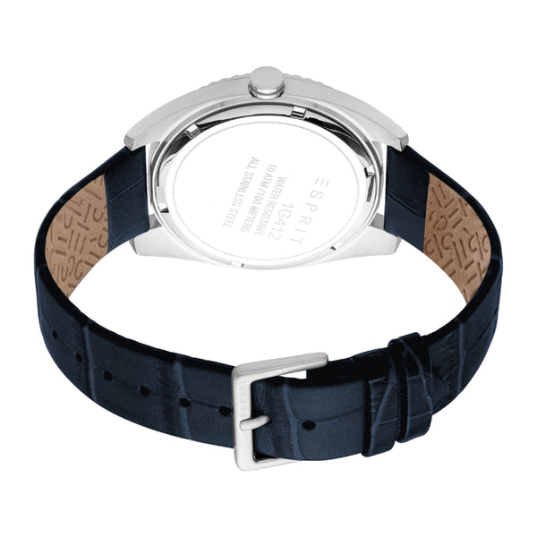 ESPRIT Men's Silver Color Watch with Dark Blue Dial and Leather Strap ...