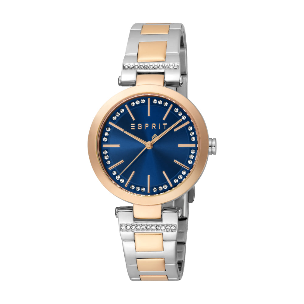 ESPRIT Women's Two Tone Silver & Rose Gold Color Watch with Dark Blue ...