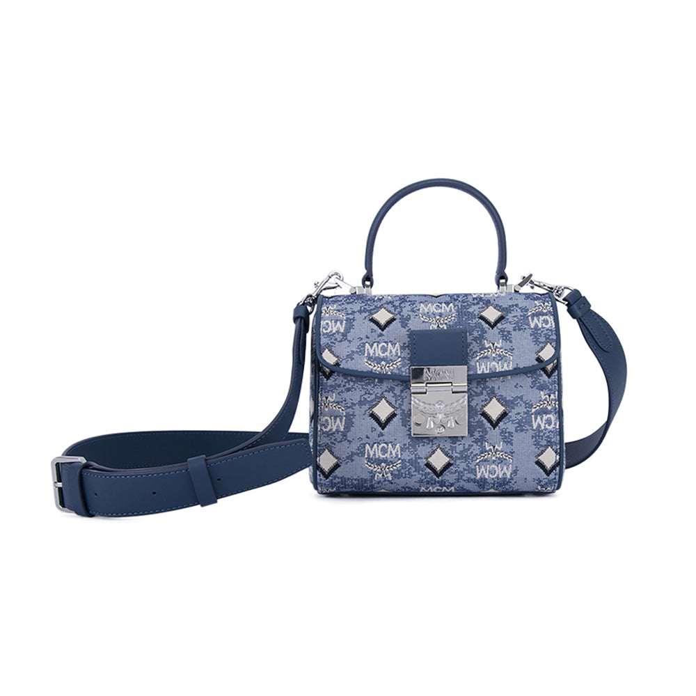 MCM Vintage Monogram Jacquard Satchel Bag Blue Small – Blue Salon
