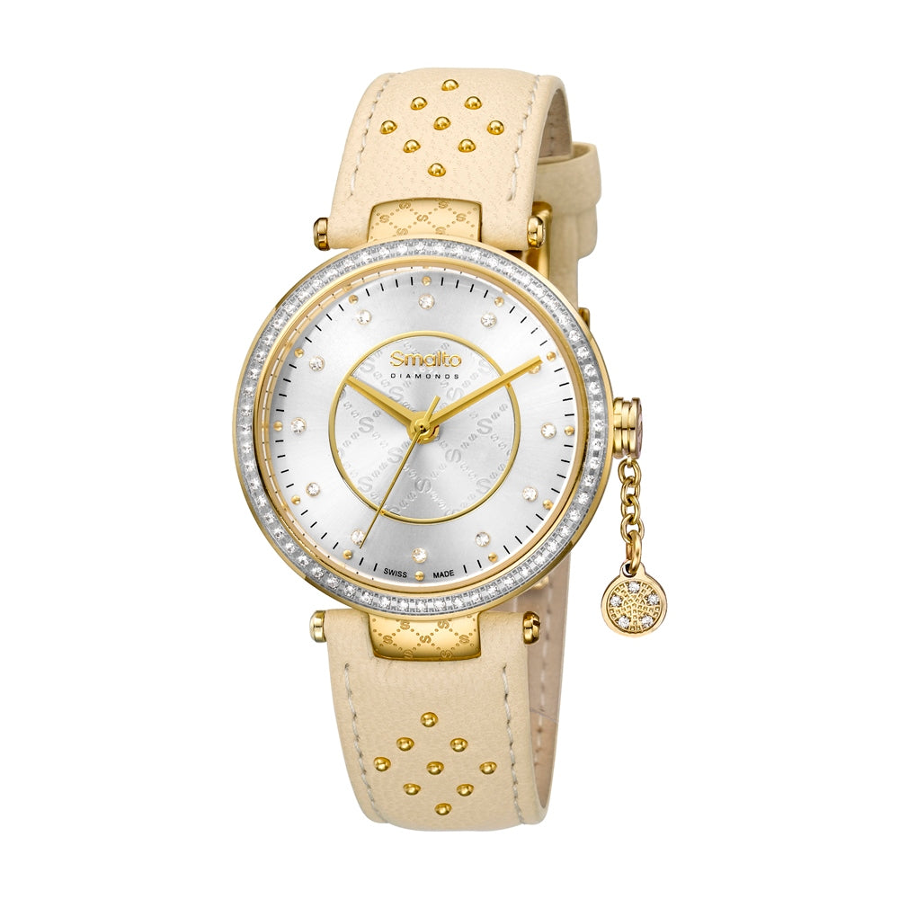 Smalto Ladies Watch Ip Gold Case Cream Color Leather Strap White Dial ...
