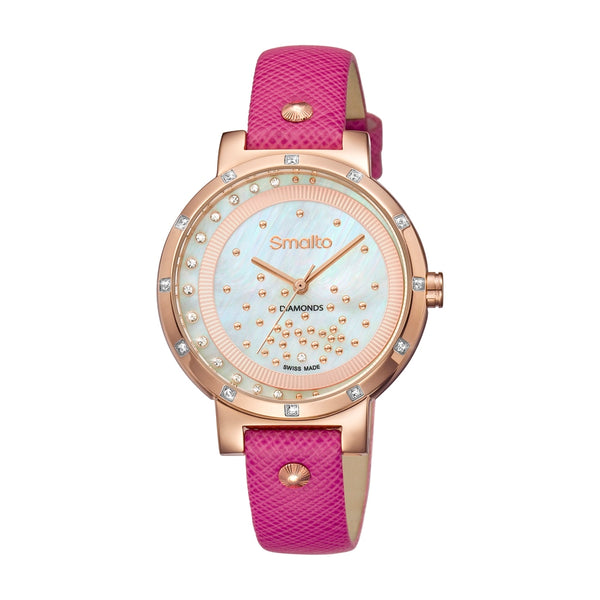 Smalto Ladies Watch Ip Rose Gold Case Pink Leather Strap & Mop Dial Wi ...