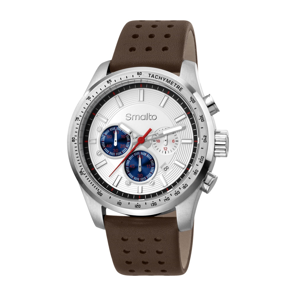Smalto Men's Stainless Steel Watch With Brown Leather Strap & White Di ...